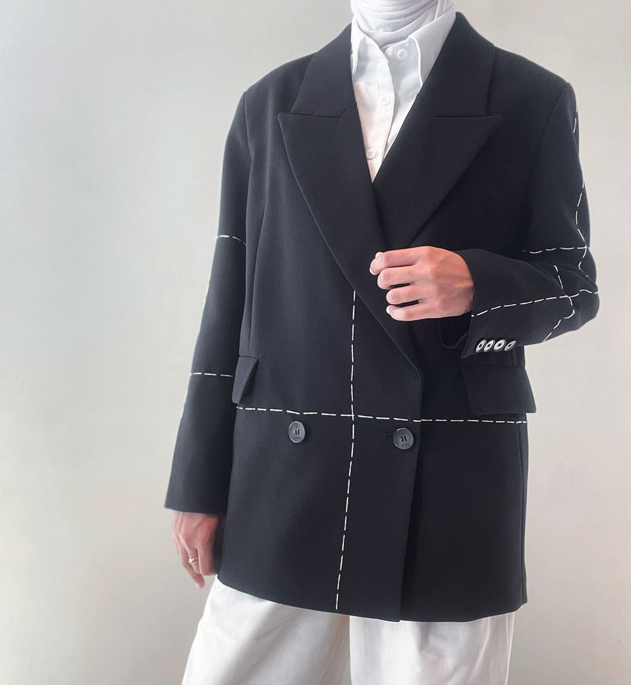 Full Sleeve Open-wire Line Plaid Black Blazer بليزر – Noma Dress Bar