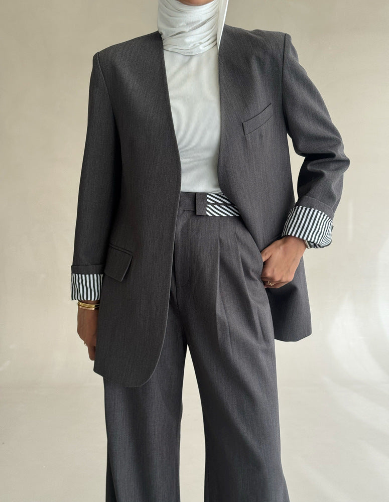 No-collar Striped Folded Waistband Suit – Noma Dress Bar